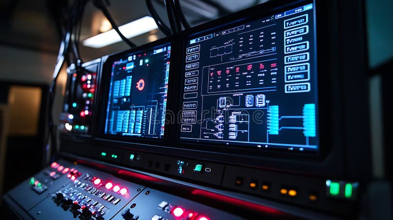 Complex Control Panel with Illuminated Screens and Various Buttons ...