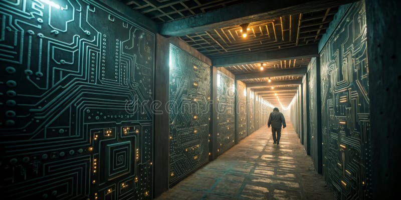Complex Corridor Adorned with Circuit Board Patterns Illuminated by ...