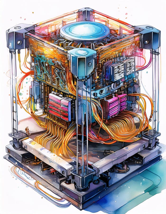 A Complex Cube-shaped Machine with Intricate Wiring and Glowing ...