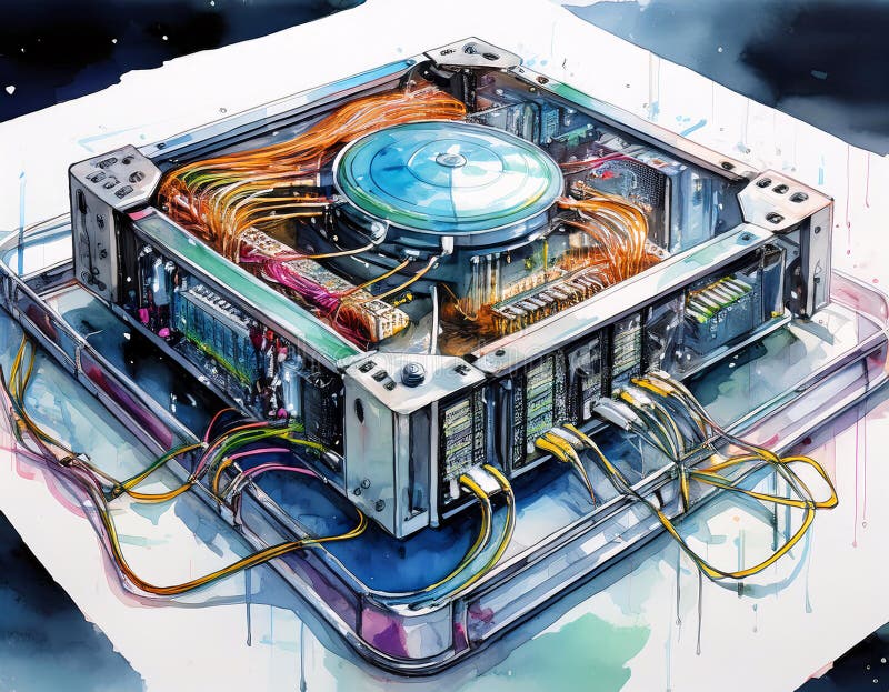 A Complex Cube-shaped Machine with Intricate Wiring and Glowing ...