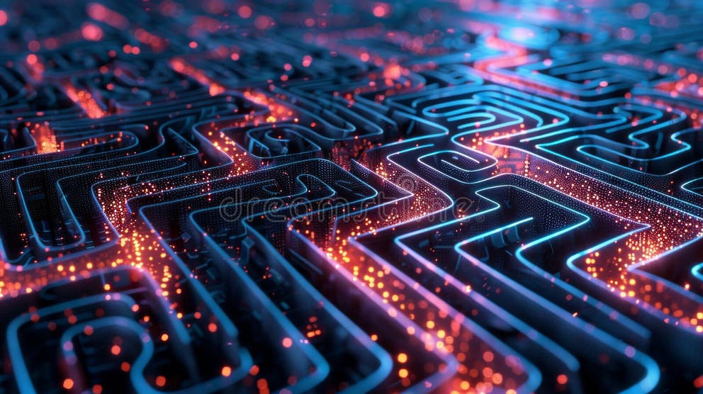 Complex Cybersecurity Maze in Neon Blue and Red Stock Image - Image of ...