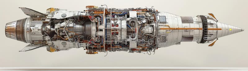 A Complex 3D Model of a Jet Engine with Cutaway Views Revealing ...