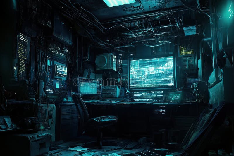 A Complex, Dark, Cyberpunk Control Room Filled with Computer Screens ...
