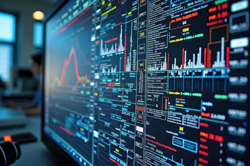 Complex Data Analysis on Multi-screen Computer Setup in Modern Office Stock Image - Image of ...