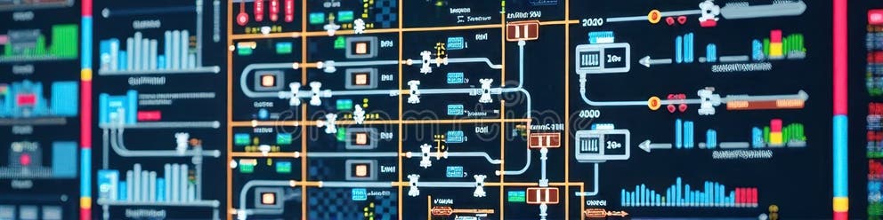 Complex Data Network with Flowchart Diagrams Displayed on Screens Stock ...