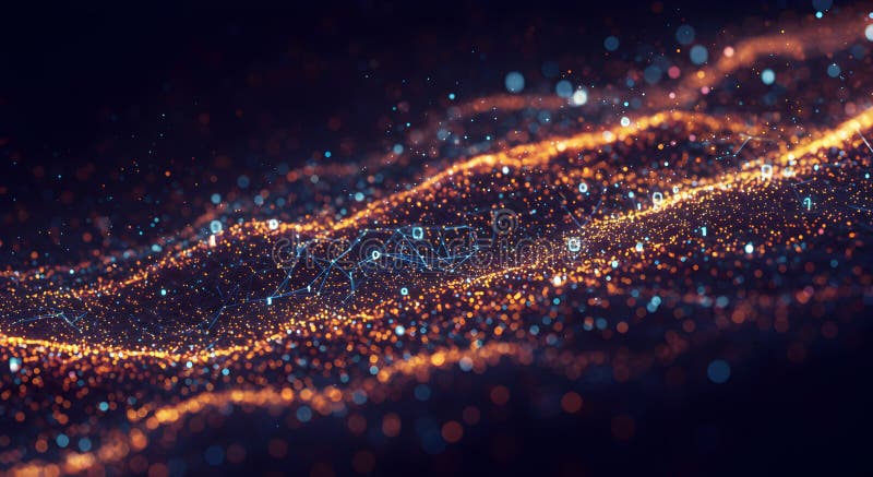 Complex Data Stream Visualization With Glowing Particles And Binary Code Stock Illustration