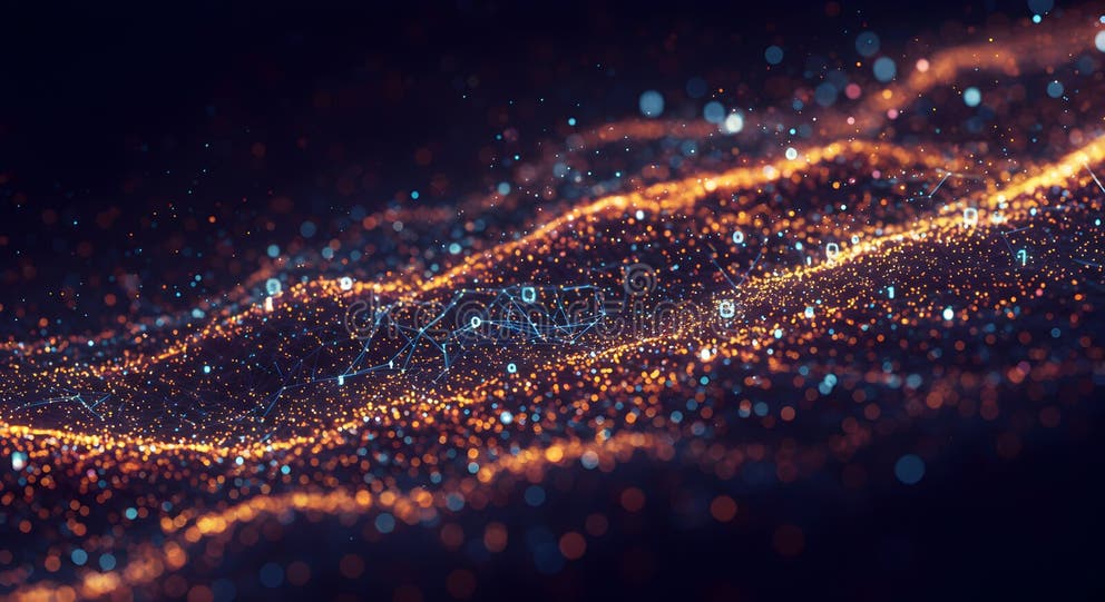 Complex Data Stream Visualization with Glowing Particles and Binary Code Stock Illustration ...
