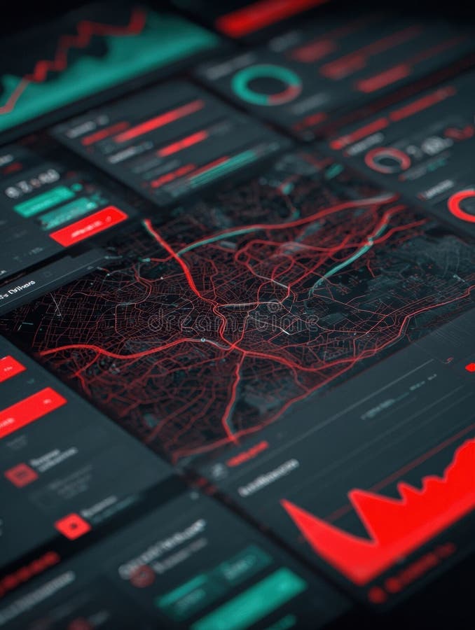 Complex Data Visualization Displaying City Map with Analytics in Red and Green Tones during a ...