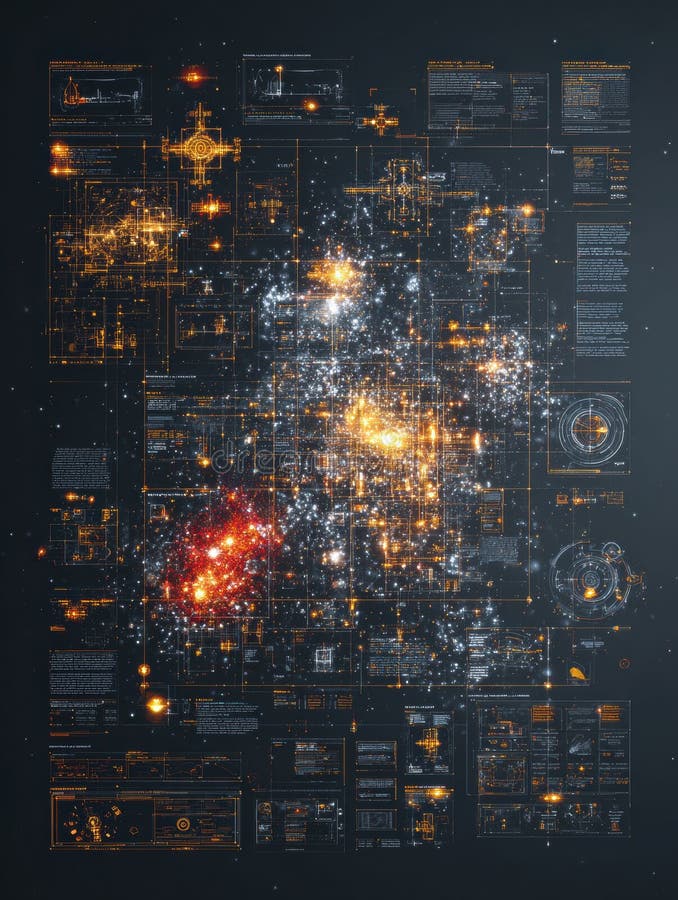 Complex Data Visualization Representing a Cosmic Landscape with Intricate Graphics and ...