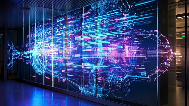 Futuristic Data Stream Flowing on Transparent Display in Dark Server ...