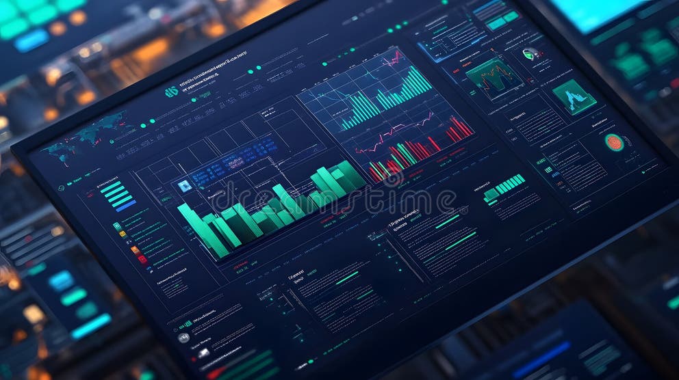 Complex Data Visualizations on a Dark Computer Screen Stock Illustration - Illustration of ...