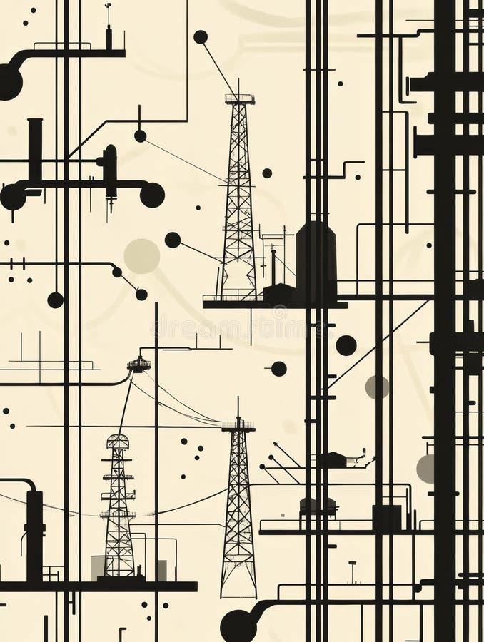 Geometric Industrial Pattern with Oil Tanks, Pipes, and Drilling Rigs ...