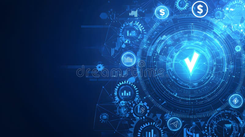 Blue Technology Background with Data Visualization, Check Mark ...
