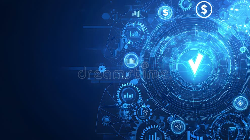 Blue Technology Background with Data Visualization, Check Mark ...