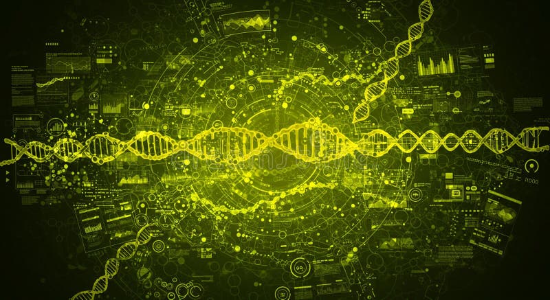 A Complex Digital Artwork Features a Glowing Yellow DNA Double Helix at ...