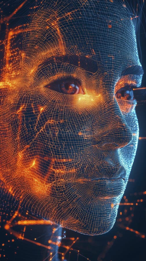 Complex Digital Face with Intricate Network of Lights Stock ...