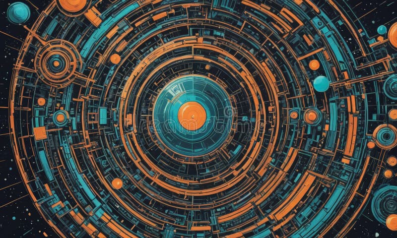 Complex Digital Features Central Blue Circle Surrounded by Concentric ...