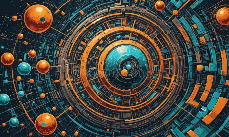 Complex Digital Features Circular Pattern Orange and Blue Spheres, with ...