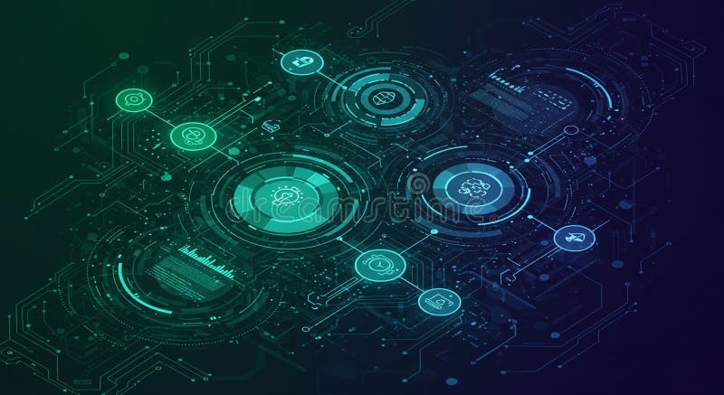 Complex Digital Interface with Circular Icons and Circuit-like Patterns ...