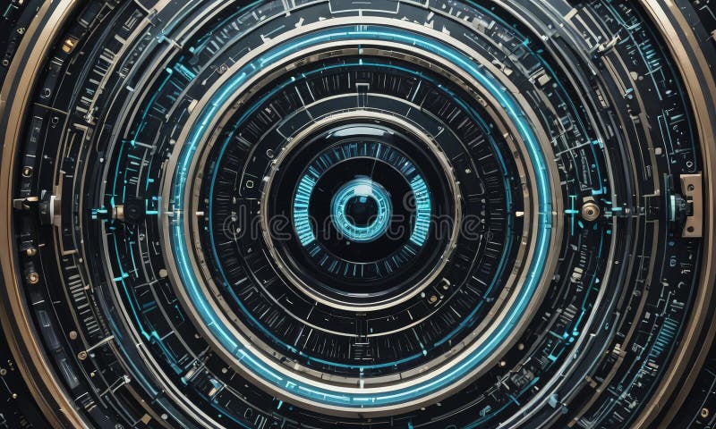 Complex Digital Interface Features Central Circular Element with Blue ...