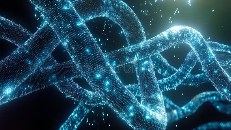 Complex Digital Strands Intertwining with Glowing Particles in a Dark ...