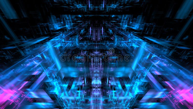 Complex Digital Structure with a Central Blue Light Beam Flanked by ...