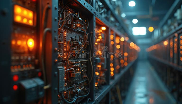 Complex Electrical Panel with Numerous Wires, Glowing Components in ...