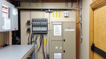 Electrical Panel, Circuit Breakers, and Wiring in Building Control Room ...
