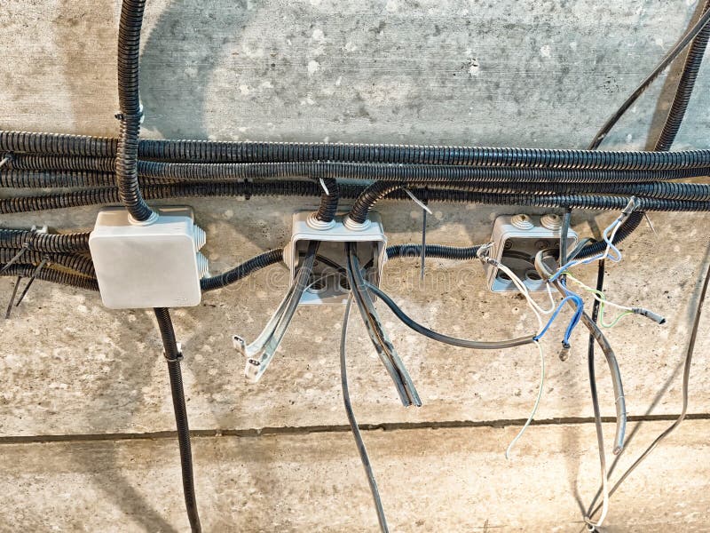Complex Electrical Wiring with Multiple Junction Boxes Mounted on a ...