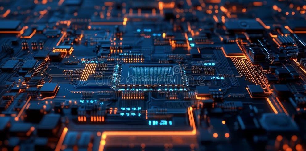 A Complex Electronic Circuit Board, Boasting Glowing Elements and ...