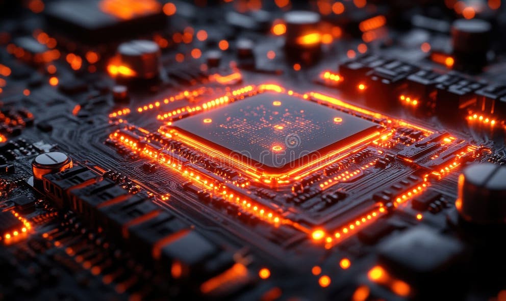 Complex Electronic Circuit Board with Glowing Components in Close-up ...