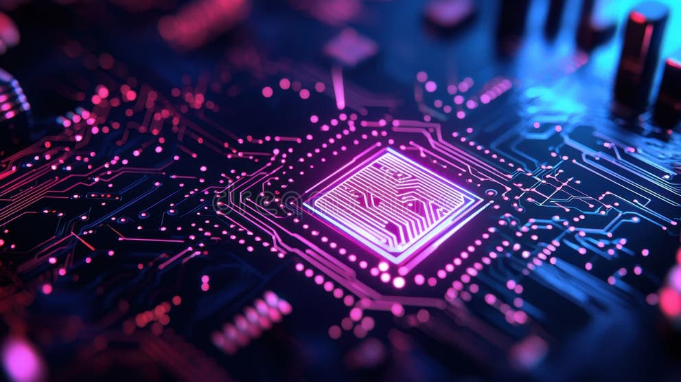 Complex Electronic Circuit Board Illuminated with Vibrant Neon Light ...