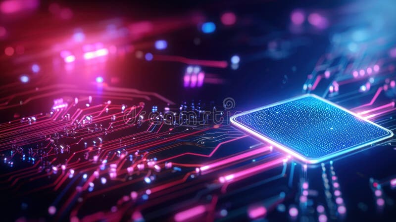 Complex Electronic Circuit Board Illuminated with Vibrant Neon Light ...