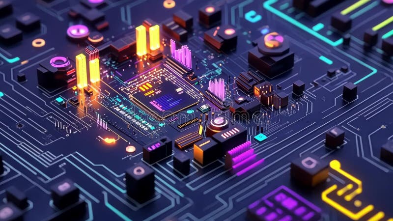 Futuristic Motherboard Pulsating with Colorful Lights and Data Streams ...