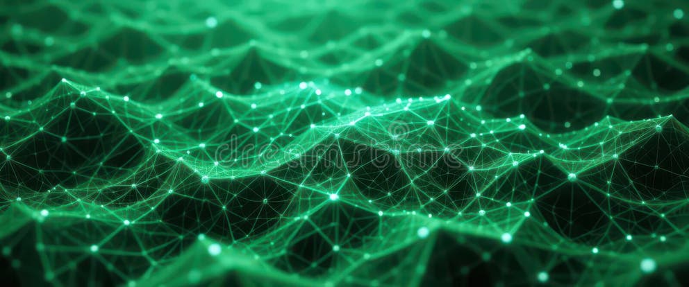 Complex Emerald Mesh on Fractal Terrain Visualizing Interconnected Cloud Solutions. Stock ...