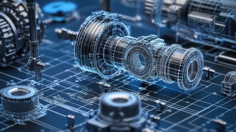 Futuristic Motor Design Hologram Over Blueprint Projecting in Augmented ...