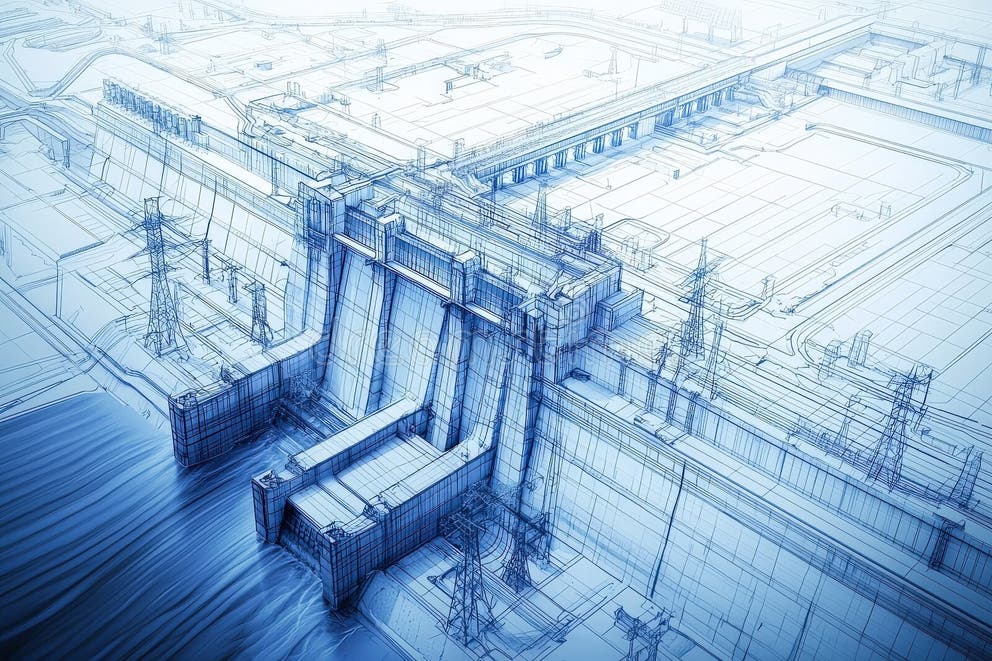 Detailed Blueprint of a Large Dam Structure Showcasing Hydroelectric ...