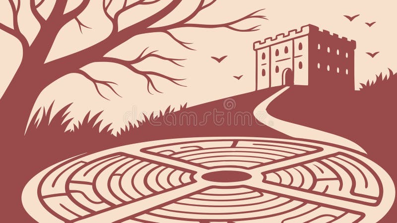Labyrinth Garden with Castle and Distant Mountains, Vector Design ...