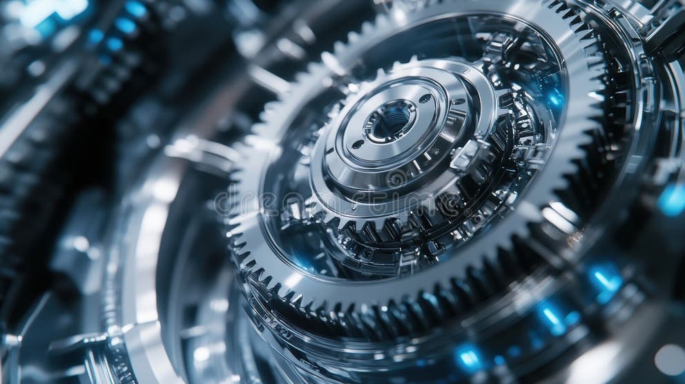 Complex Futuristic Engine Gears Rotating Smoothly with Blue Lights ...