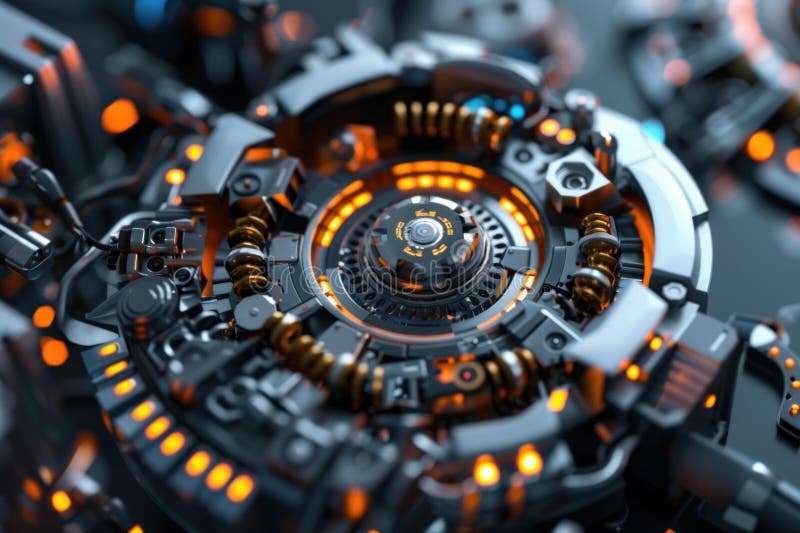 Complex Futuristic Machine Working with Orange Lights Stock Photo ...