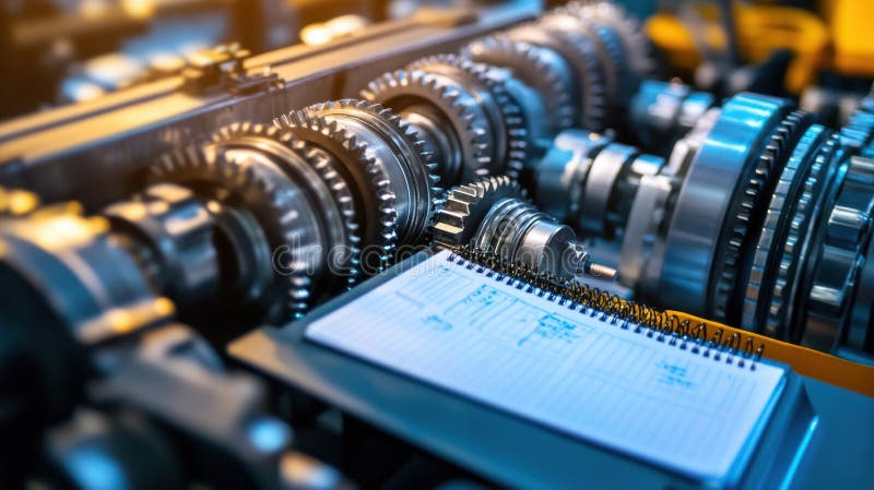 Complex Gear Mechanism with Engineering Notebook Showing Technical ...