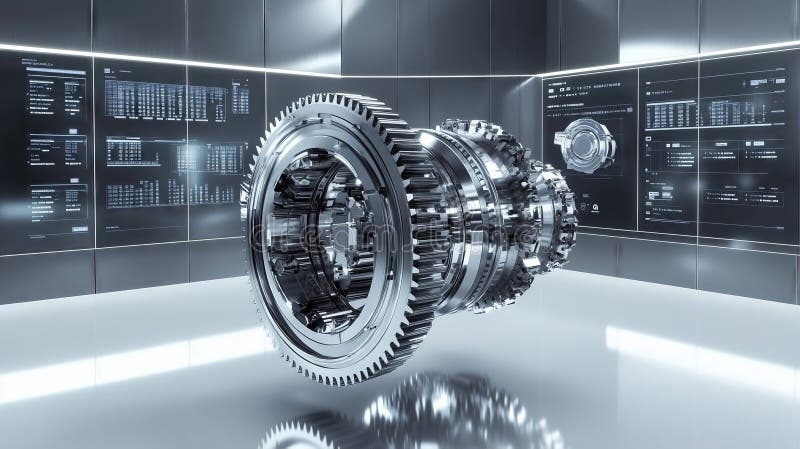 Complex Gearbox Rotating in Futuristic Workshop with Digital Data ...