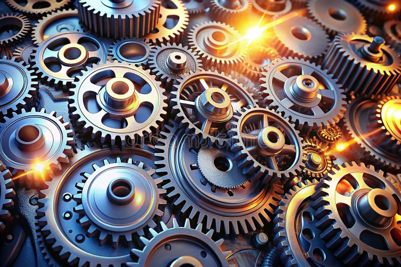 Complex Gears, Interlocked, Close-up, Radiant Energy in Background. Use ...