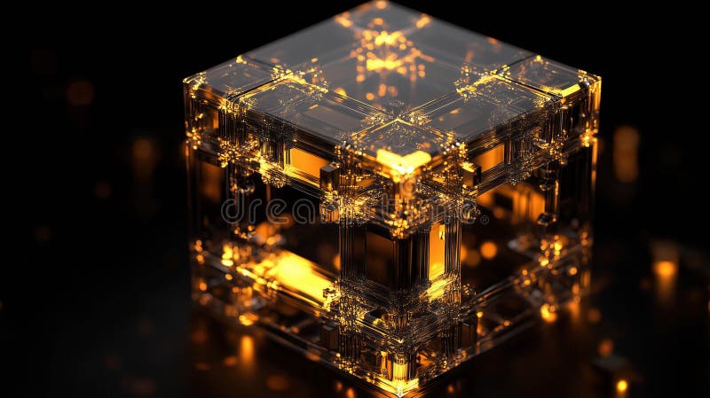 Complex Glass Cube Shining with Golden Light on a Black Background ...