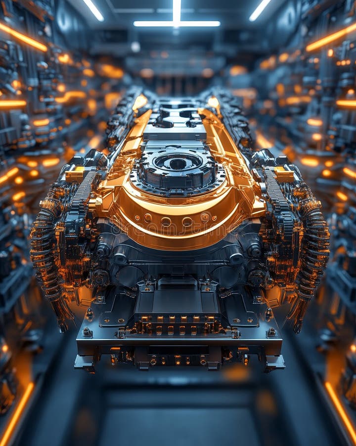 Complex Golden and Metallic Machine in Futuristic Manufacturing Setting ...