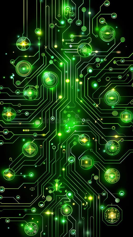 Complex Green Circuit Design Illuminated by Glowing Orbs Representing ...