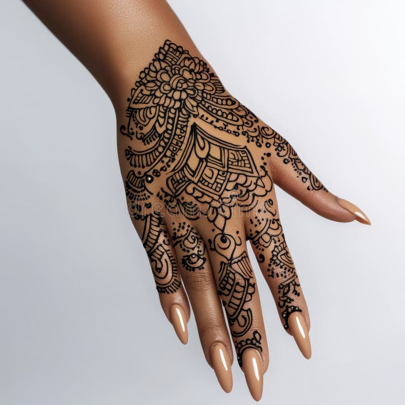A Complex Henna Design Decorates the Hand with an Elegant Pattern ...