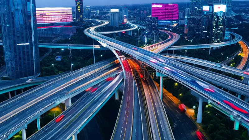 A Complex Highway Interchange Illuminated with City Lights at Night. 4k ...