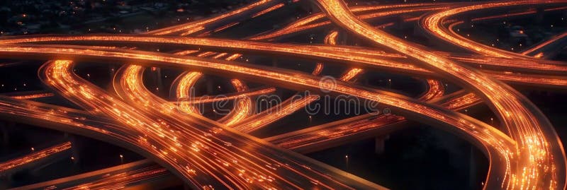 Highway Interchange Traffic Flowing at Night Creating Light Trails ...