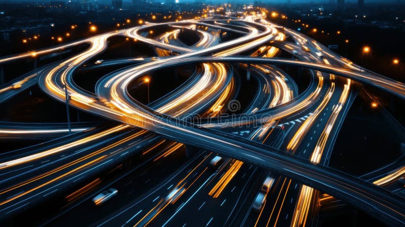 Complex Highway Interchanges Captured at Night Show Dynamic Light ...